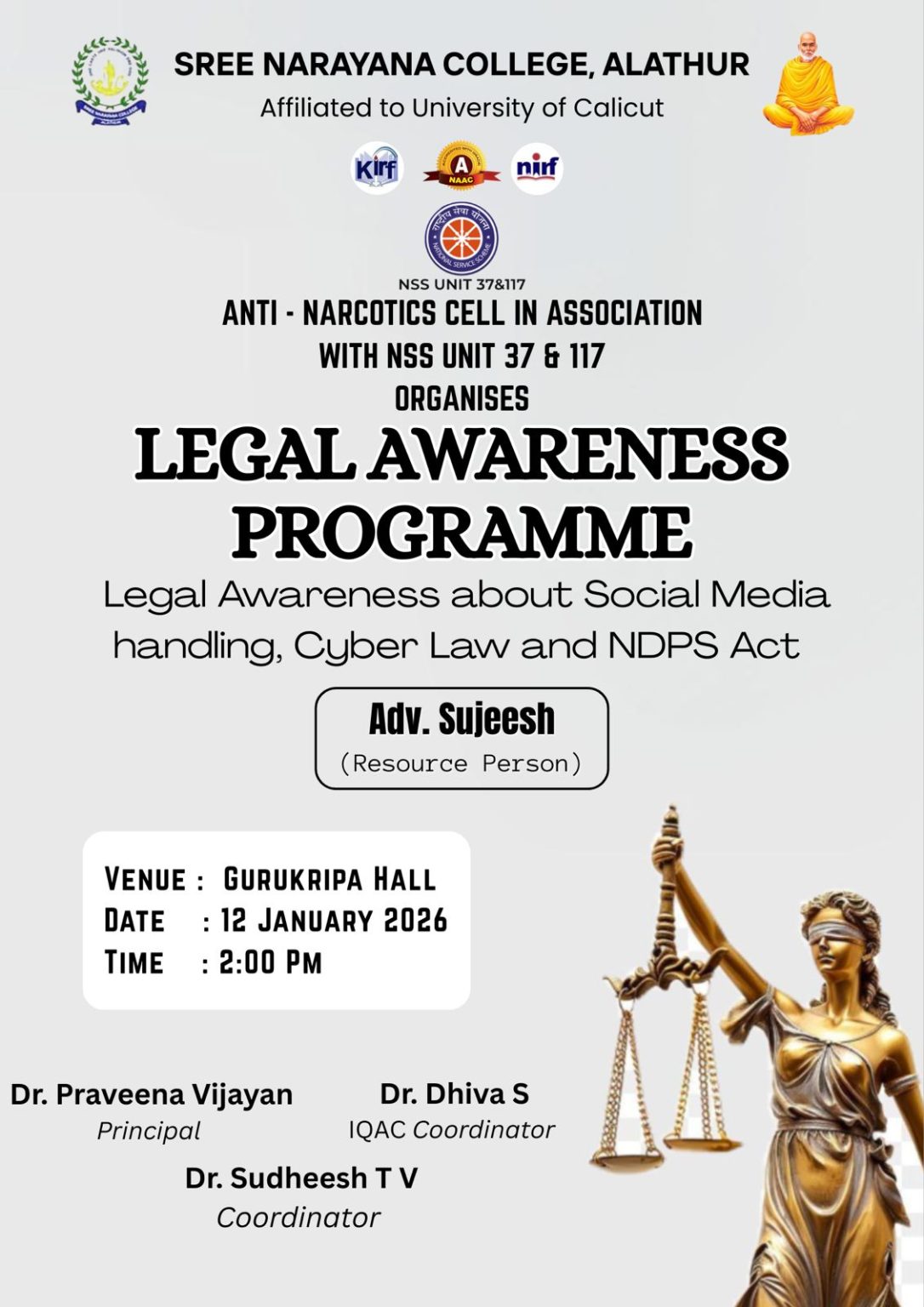 Legal Awareness Programme to Be Held at Sree Narayana College, Alathur ...